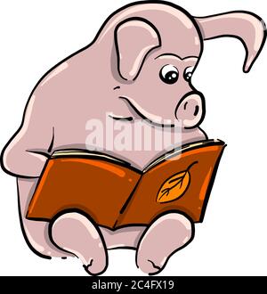 Pig reading book, illustration, vector on white background Stock Vector ...
