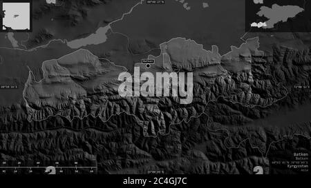 Batken, province of Kyrgyzstan. Grayscaled map with lakes and rivers ...