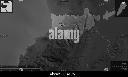 Akkar, governorate of Lebanon. Grayscaled map with lakes and rivers ...