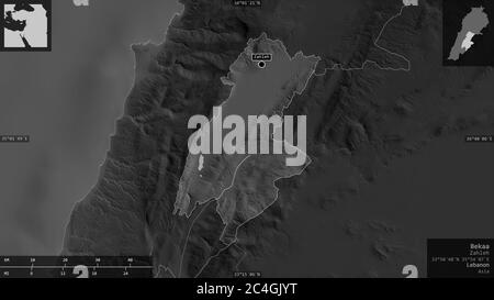 Bekaa, governorate of Lebanon. Grayscaled map with lakes and rivers ...