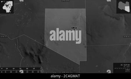 Al Kufrah, district of Libya. Grayscaled map with lakes and rivers ...