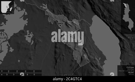 Chitipa, district of Malawi. Grayscaled map with lakes and rivers ...