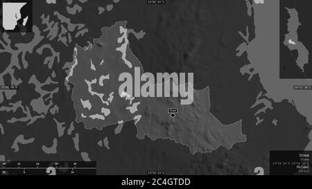 Dowa, district of Malawi. Grayscaled map with lakes and rivers. Shape ...