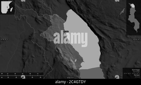 Karonga, district of Malawi. Grayscaled map with lakes and rivers ...