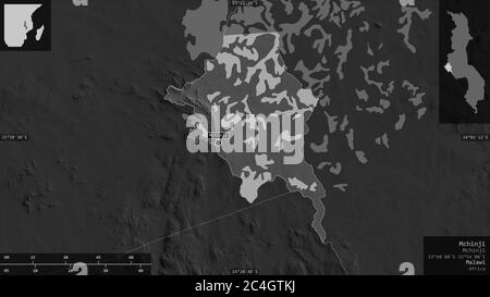 Mchinji, district of Malawi. Grayscaled map with lakes and rivers ...