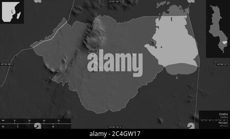 Zomba, district of Malawi. Grayscaled map with lakes and rivers. Shape ...