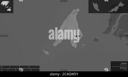 Labuan, federal territory of Malaysia. Grayscaled map with lakes and ...
