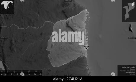 Cabo Delgado, province of Mozambique. Grayscaled map with lakes and ...