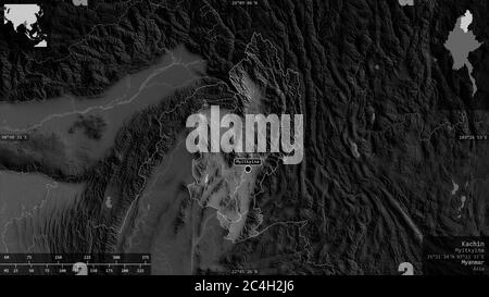 Kachin, state of Myanmar. Grayscaled map with lakes and rivers. Shape ...