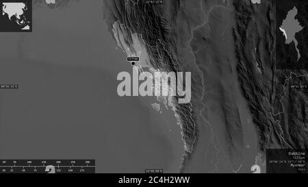 Rakhine, state of Myanmar. Grayscaled map with lakes and rivers. Shape ...