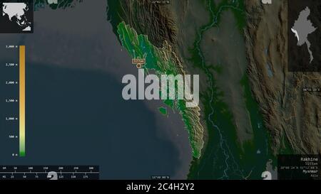 Rakhine, state of Myanmar. Colored shader data with lakes and rivers ...