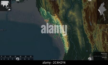 Rakhine, state of Myanmar. Colored relief with lakes and rivers. Shape ...