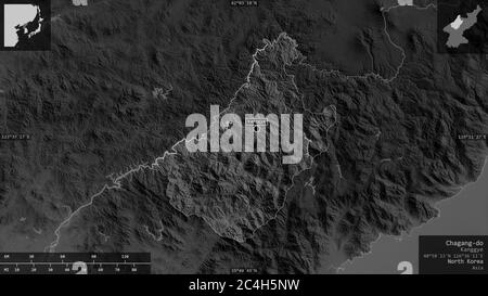 Chagang-do, province of North Korea. Grayscale elevation map with lakes ...