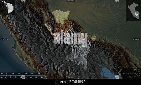 Cusco, region of Peru. Colored relief with lakes and rivers. Shape ...