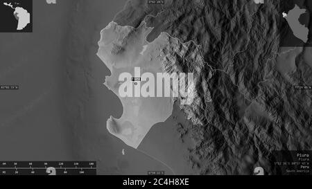 Piura, region of Peru. Grayscaled map with lakes and rivers. Shape ...