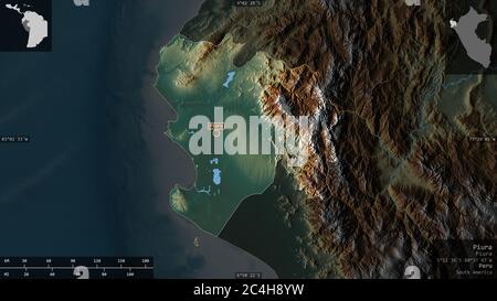Piura, region of Peru. Colored relief with lakes and rivers. Shape ...
