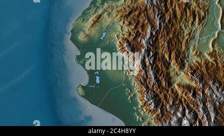 Piura, region of Peru. Colored relief with lakes and rivers. Shape ...
