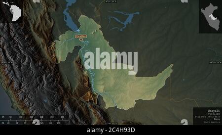 Ucayali, region of Peru. Colored relief with lakes and rivers. Shape ...
