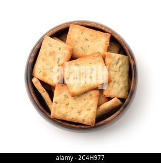 Bowl of dry crackers isolated on gray background with shadow, flat lay ...