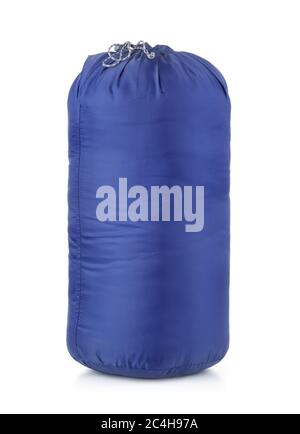 Blue packed sleeping bag isolated on white Stock Photo - Alamy
