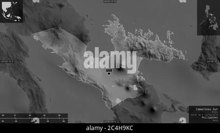Camarines Sur, province of Philippines. Grayscaled map with lakes and ...