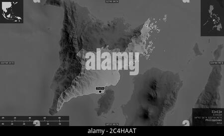 Iloilo, province of Philippines. Grayscaled map with lakes and rivers ...