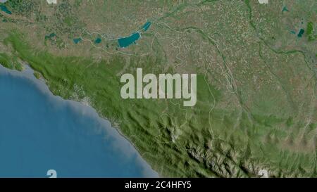 Adygey, republic of Russia. Satellite imagery. Shape presented against ...