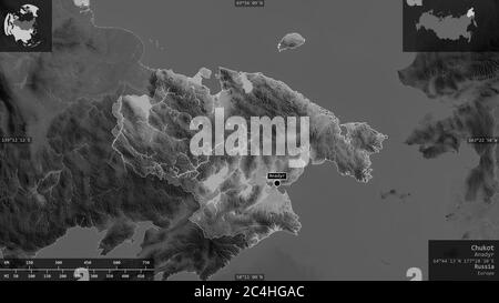 Chukot, autonomous province of Russia. Grayscale elevation map with ...