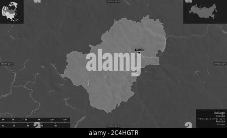 Kaluga, region of Russia. Grayscaled map with lakes and rivers. Shape ...