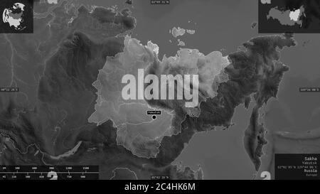 Sakha, republic of Russia. Grayscaled map with lakes and rivers. Shape ...