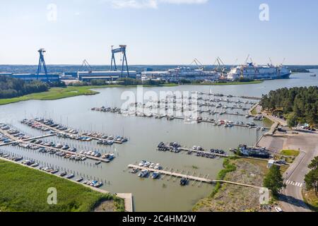 Aerial view of Raisio Marina and Meyer Turku Shipyard in summer Stock ...
