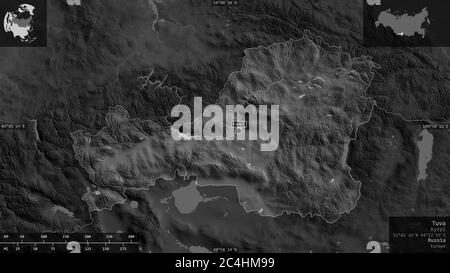Tuva, republic of Russia. Grayscaled map with lakes and rivers. Shape ...