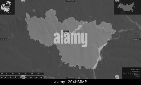 Vladimir, region of Russia. Grayscaled map with lakes and rivers. Shape ...
