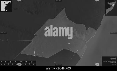 Nugaal, region of Somalia. Grayscaled map with lakes and rivers. Shape ...