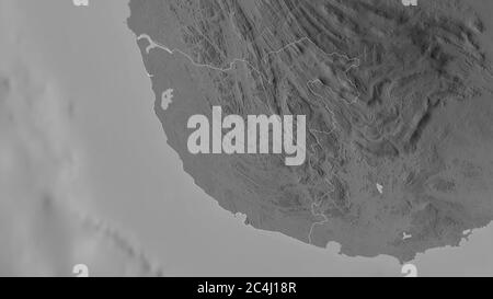 Galle, district of Sri Lanka. Grayscale elevation map with lakes and ...