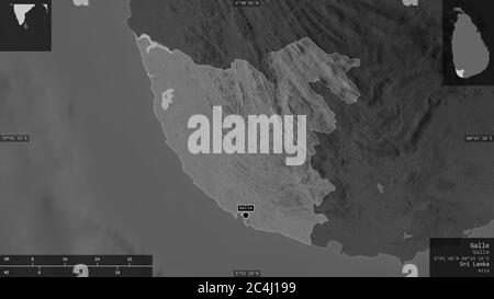 Galle, district of Sri Lanka. Grayscale elevation map with lakes and ...