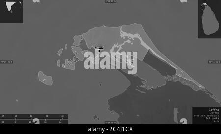 Jaffna, district of Sri Lanka. Grayscale elevation map with lakes and ...