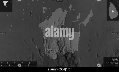 Matale, district of Sri Lanka. Grayscaled map with lakes and rivers ...