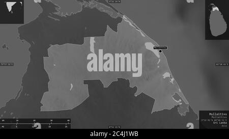 Mullaitivu, district of Sri Lanka. Grayscaled map with lakes and rivers ...