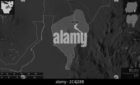 Blue Nile, state of Sudan. Grayscaled map with lakes and rivers. Shape ...