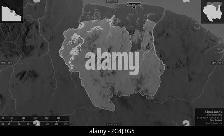 Sipaliwini, district of Suriname. Grayscaled map with lakes and rivers ...