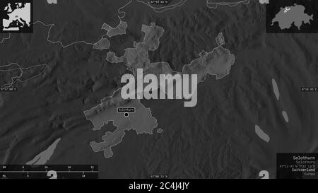 Solothurn, canton of Switzerland. Grayscaled map with lakes and rivers ...