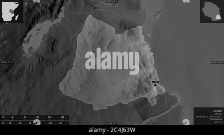 Lindi, region of Tanzania. Grayscaled map with lakes and rivers. Shape ...