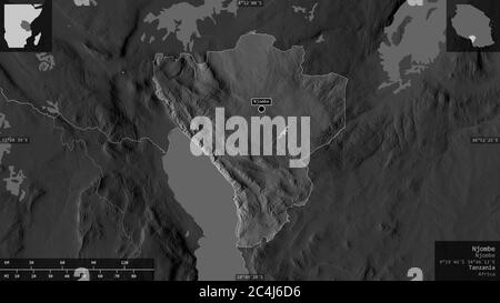 Njombe, region of Tanzania. Grayscaled map with lakes and rivers. Shape ...