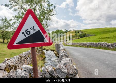 Detailed view of a red warning roadside triangle showing a 16% steep ...