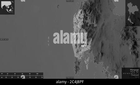 Phang Nga, province of Thailand. Grayscale elevation map with lakes and ...