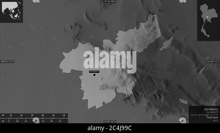 Saraburi, province of Thailand. Grayscaled map with lakes and rivers ...