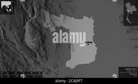 Suphan Buri, province of Thailand. Grayscale elevation map with lakes ...