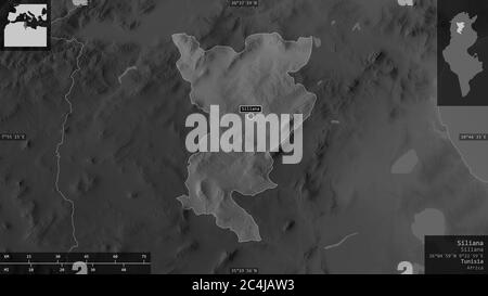 Siliana, governorate of Tunisia. Grayscaled map with lakes and rivers ...