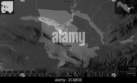 Jizzakh, region of Uzbekistan. Grayscaled map with lakes and rivers ...